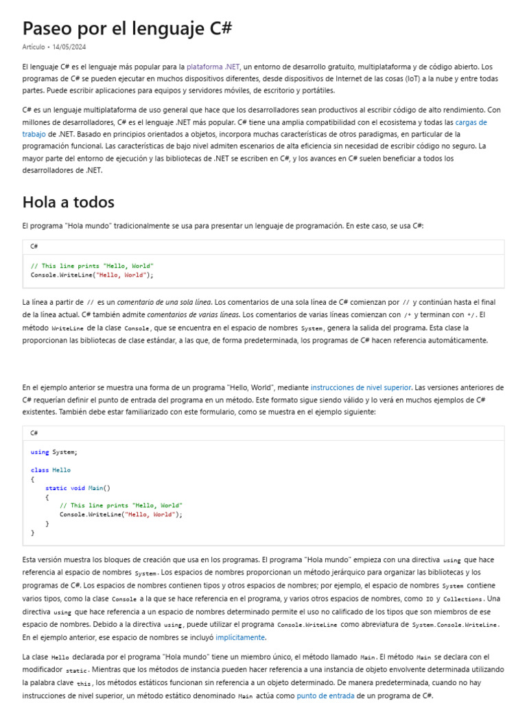 Introducción al lenguaje C# | PDF | C Sharp (lenguaje de programación) | Consulta integrada de ...