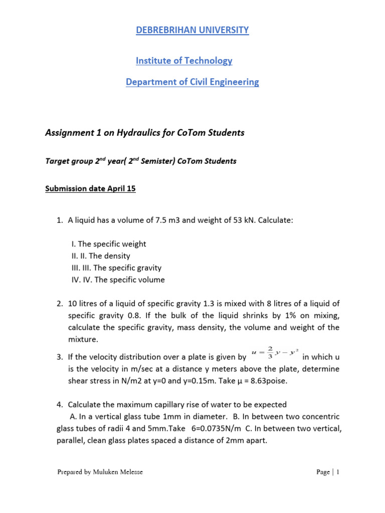 Hydraulic Assignment 1 | PDF