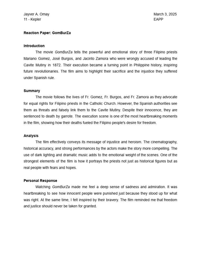 GomBurZa Movie Reaction Paper | PDF