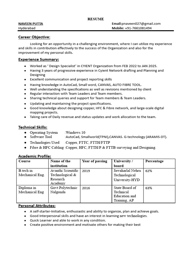 Cyient Design Specialist Resume | PDF | Fiber To The X | Computing