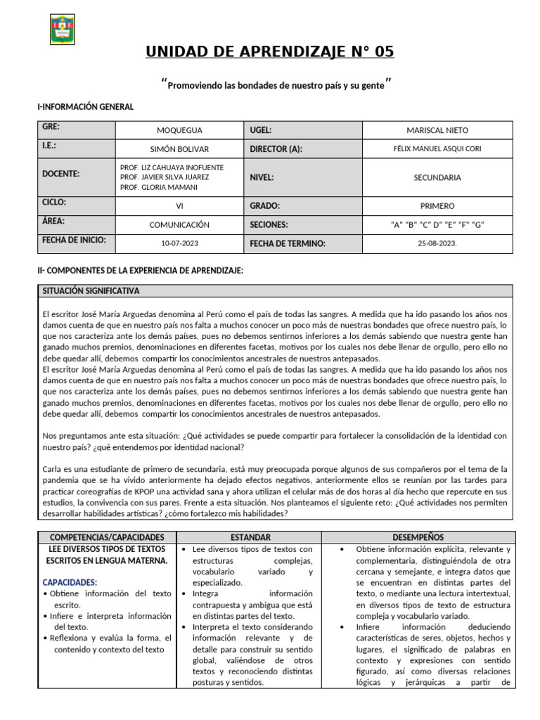 UNIDAD DE APRENDIZAJE 5º - Primer Grado - 2023 | PDF | Aprendizaje | Multimedia