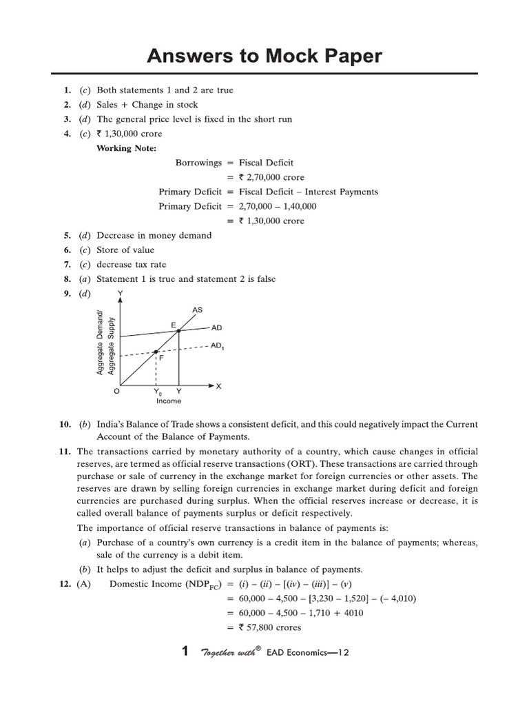 Cbse Cl12 Ead Economics Answers To Mock Paper 2025 | PDF