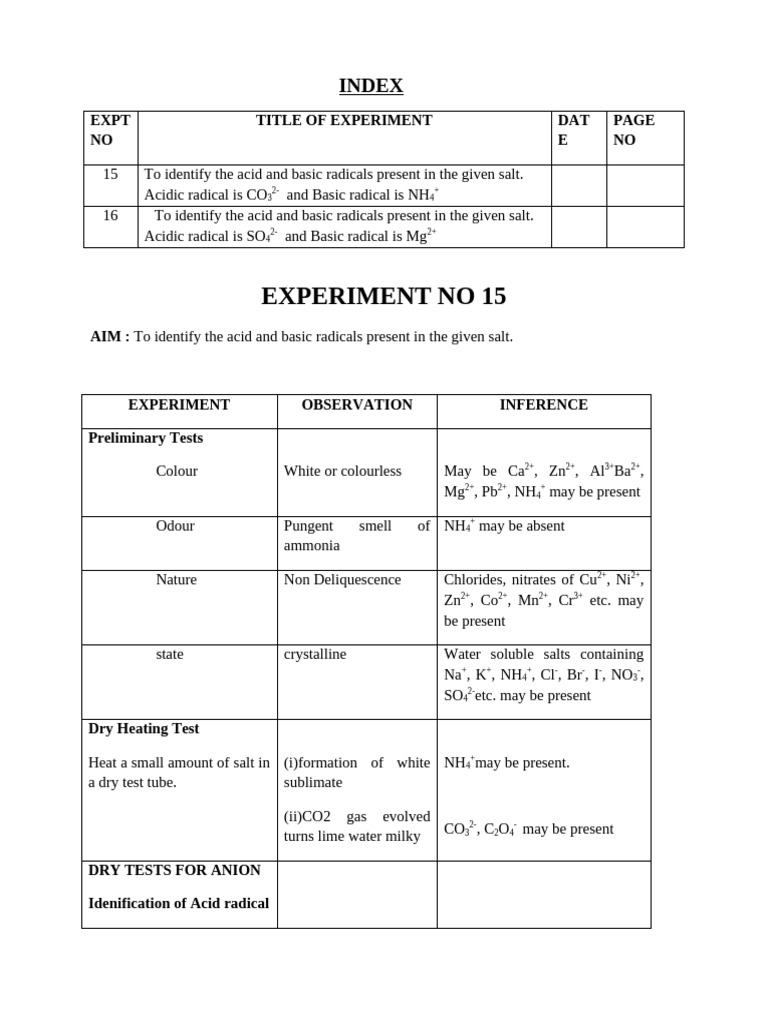 CBSE PRACTICAL CLASS XI Expt 15-16 2024-25 | PDF | Ammonium | Salt (Chemistry)