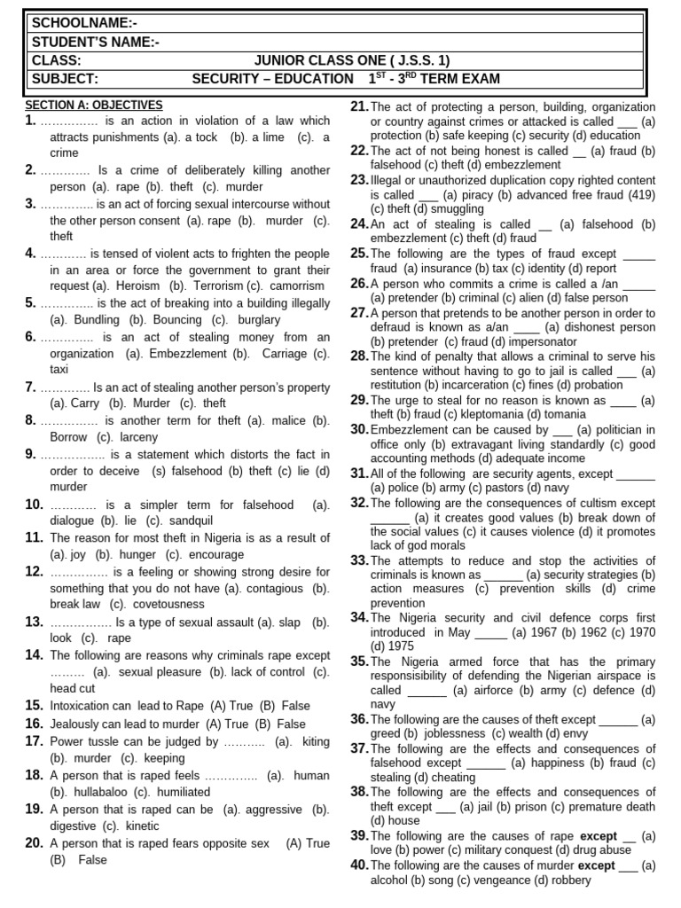 Security Edu JSS1 3RD Term Exam | PDF | Crimes | Crime & Violence