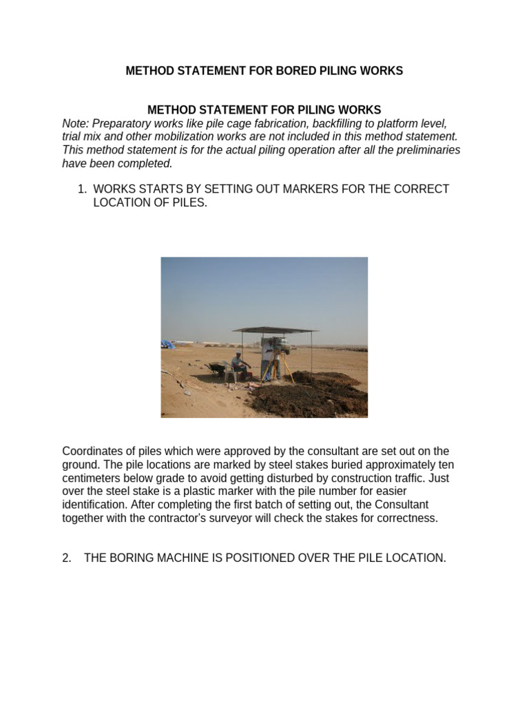 method-statement-for-bored-piling-works | PDF | Drilling Rig | Deep Foundation