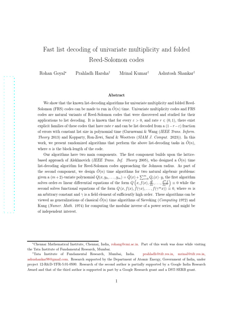 Fast List Decoding of Univariate Multiplicity and Folded Reed-Solomon Codes | PDF | Basis ...
