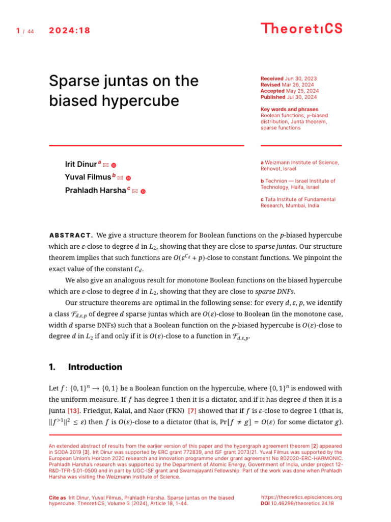 Sparse Juntas On The Biased Hypercube: Irit Dinur Yuval Filmus Prahladh Harsha | PDF | Function ...