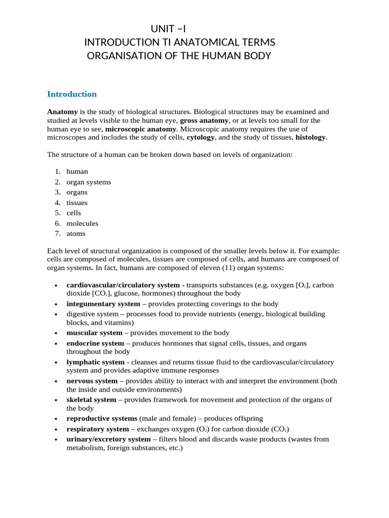 Unit-1 Introdution To Anatomical Terms Organization of The Human Body | PDF | Vertebral Column ...