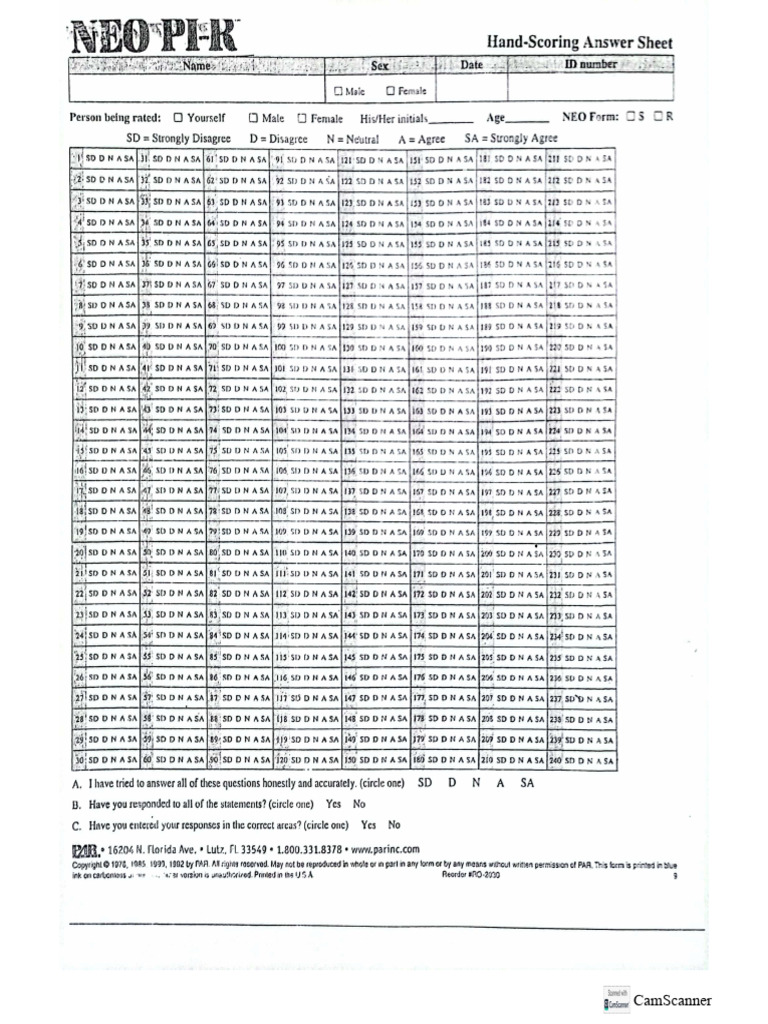 Answer Sheet Neo-Pi R | PDF