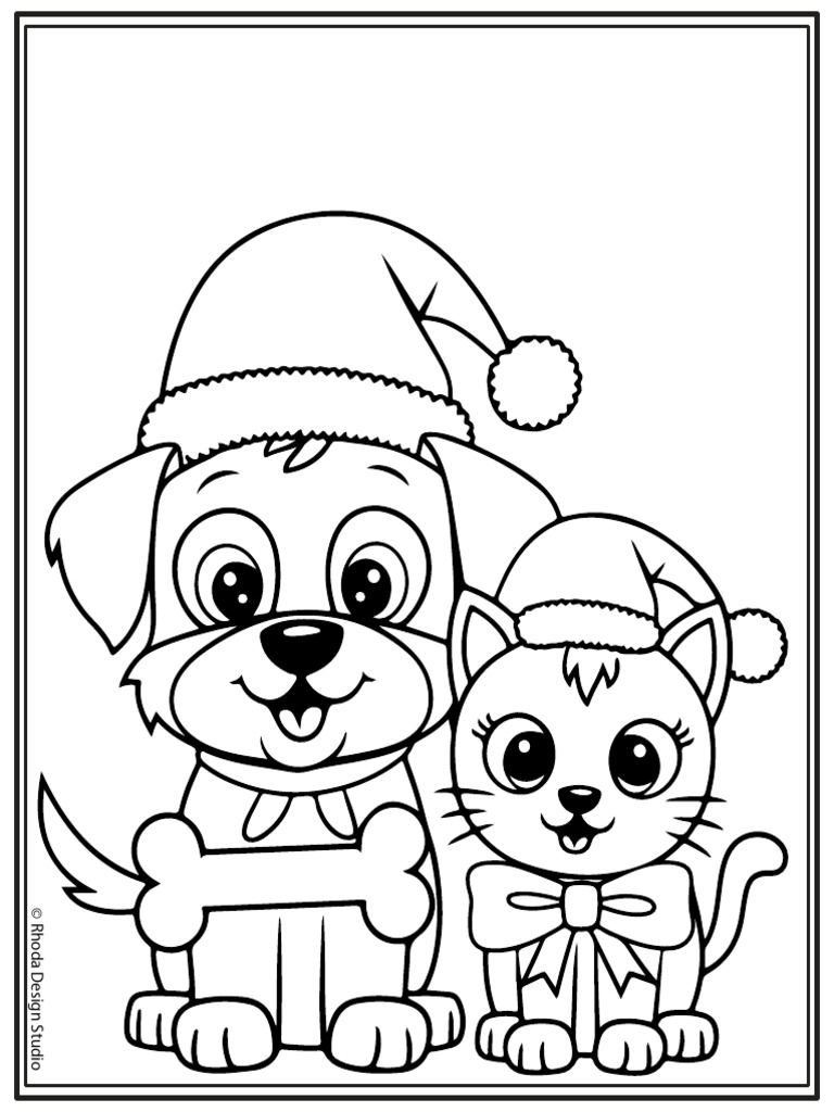 Free Christmas Coloring Page Cat Dog Santa Hats | PDF