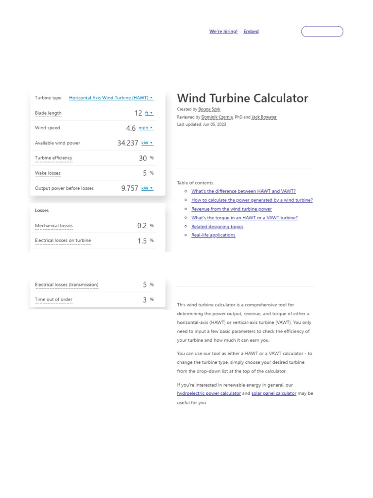 Wind Turbine Calculator (HAWT and VAWT) | PDF | Wind Turbine | Wind Power