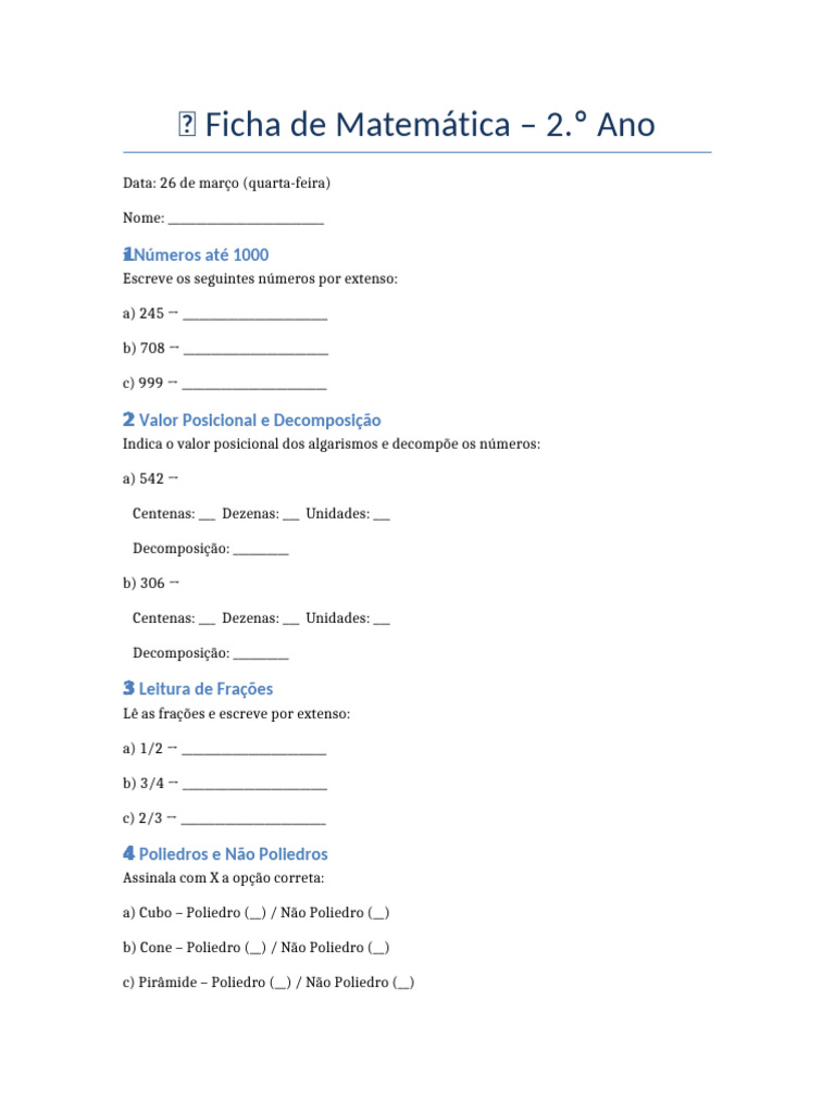 Ficha Matematica 2 Ano 26 Marco | PDF