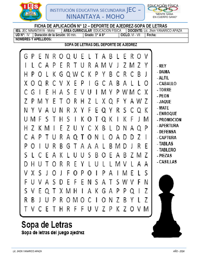 Sopa de Letras: Ajedrez en Educación Física | PDF