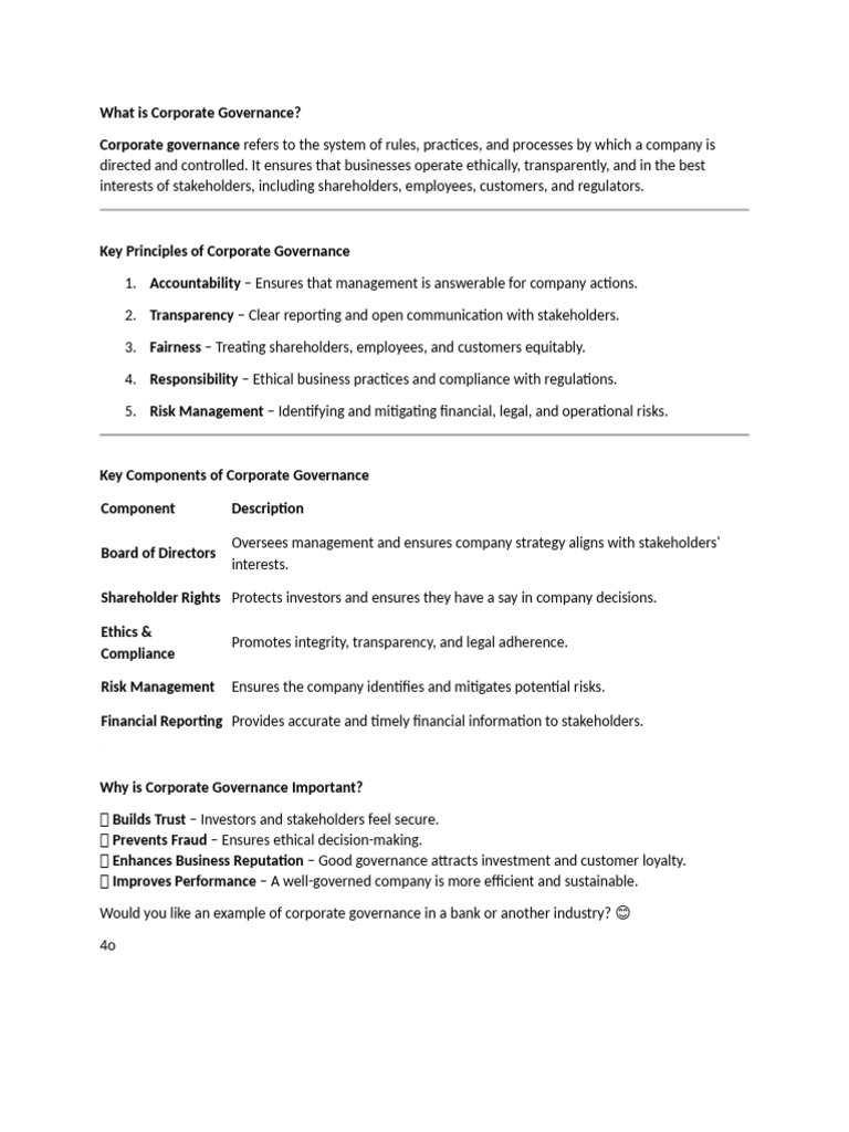 Understanding Corporate Governance Principles | PDF