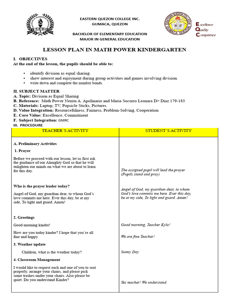 Kindergarten Math Lesson Plan: Division | PDF | Learning