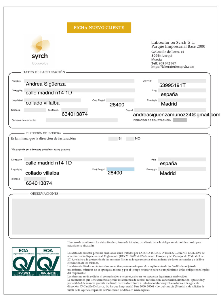 Ficha Cliente - Rellenar y Enviar | PDF