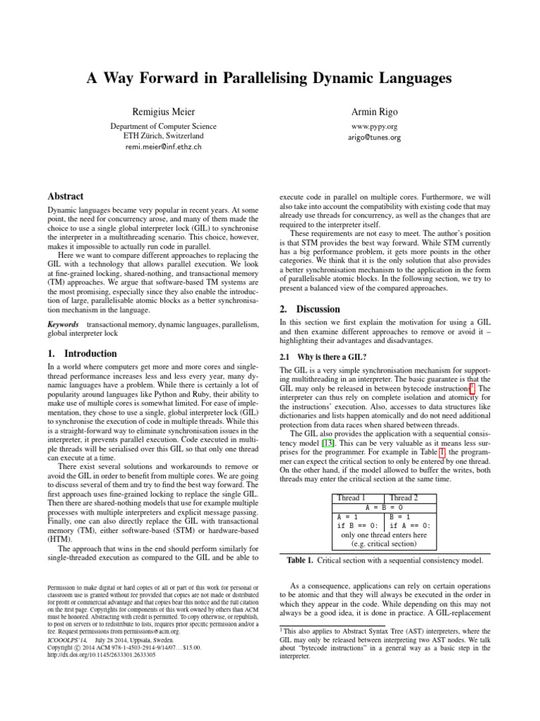 A Way Forward in Parallelising Dynamic Languages (PyPy Position Paper) | PDF | Parallel ...