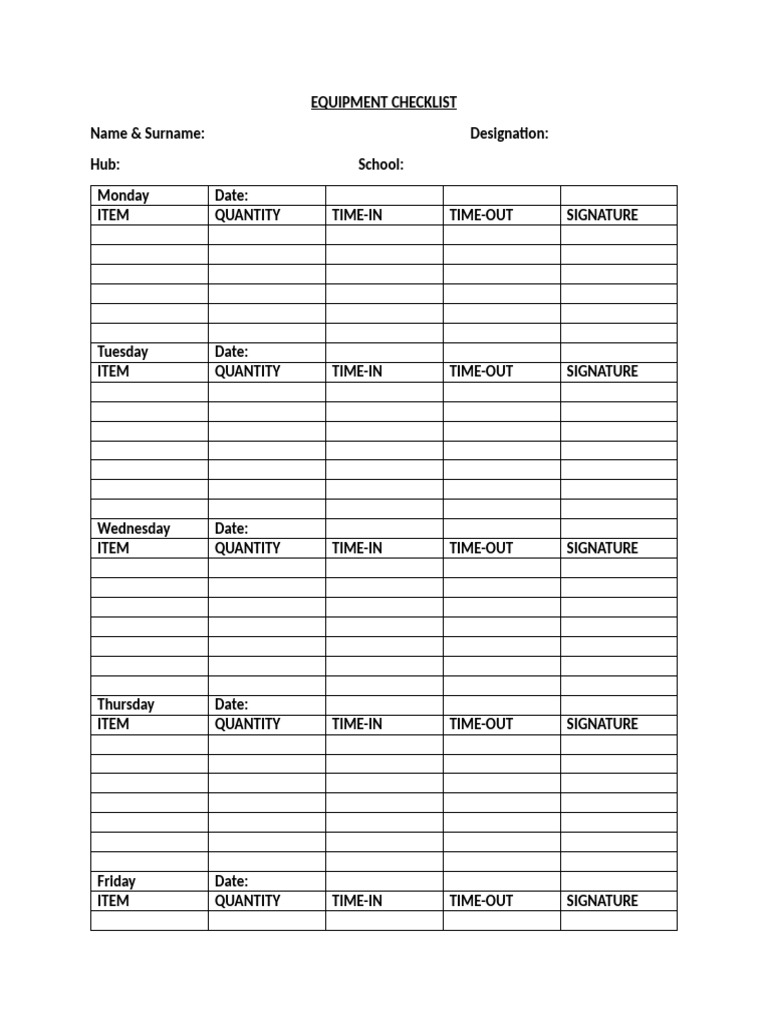 Equipment Checklist | PDF