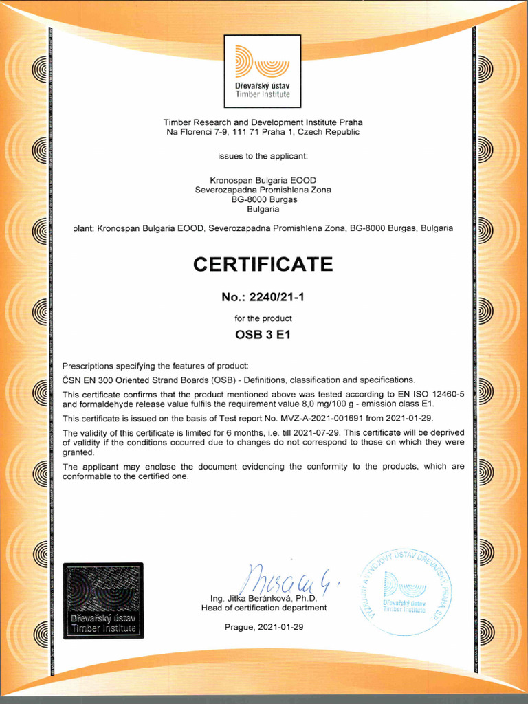 OSB Ploce Sertifikat o Emisiji formaldehidaENG | PDF