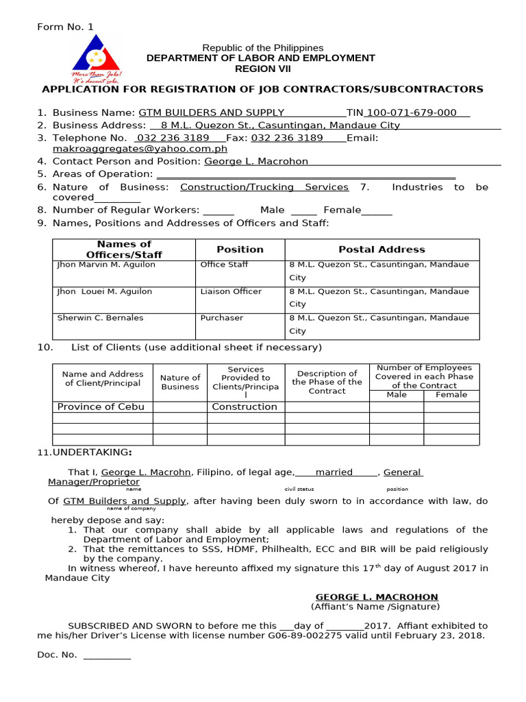 Con-Subcon Formapplication | PDF | Employment | Subcontractor