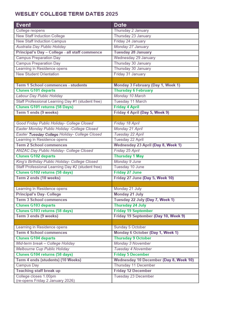 Wesley College Term Dates 2025 | PDF | Public Holiday | Entertainment ...