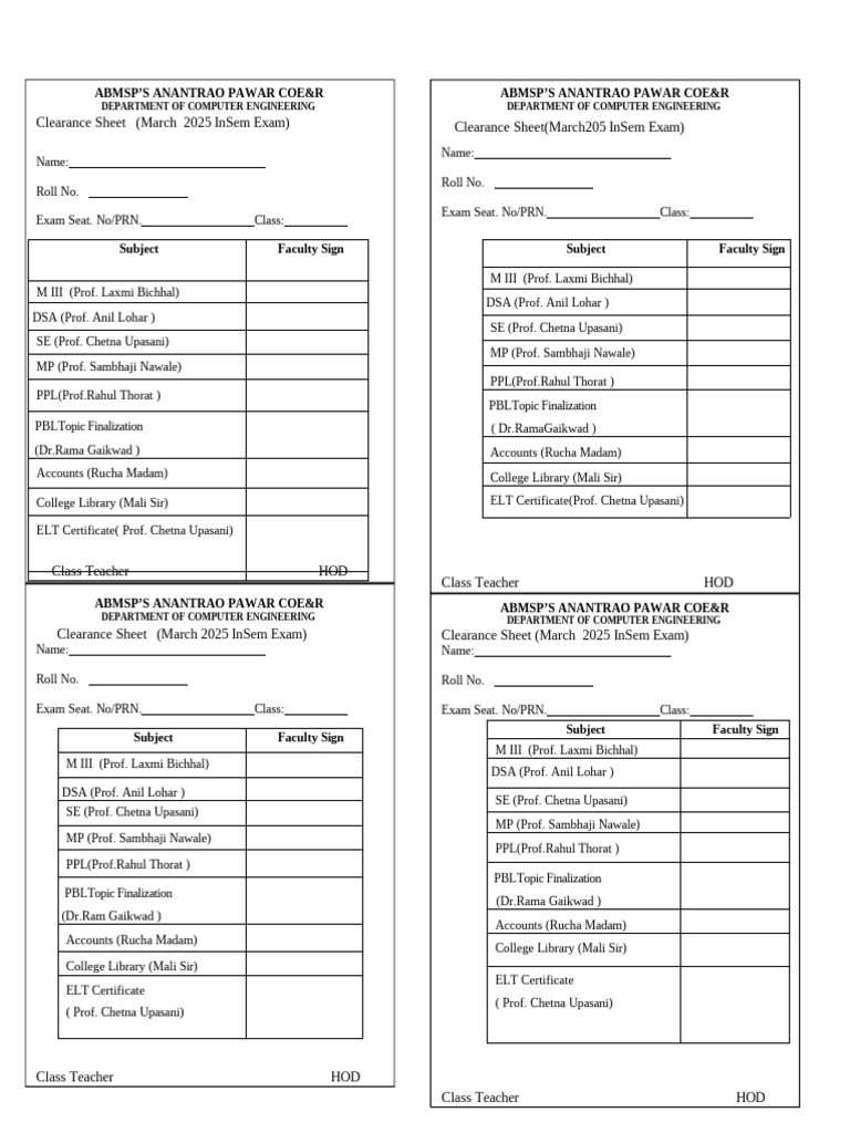 SE Clearance Sheet InSEM Exam Sem-II 24-25 | PDF