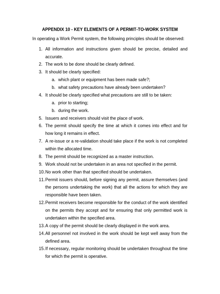 Appendix 10 - Work Permit Elements | PDF | Safety