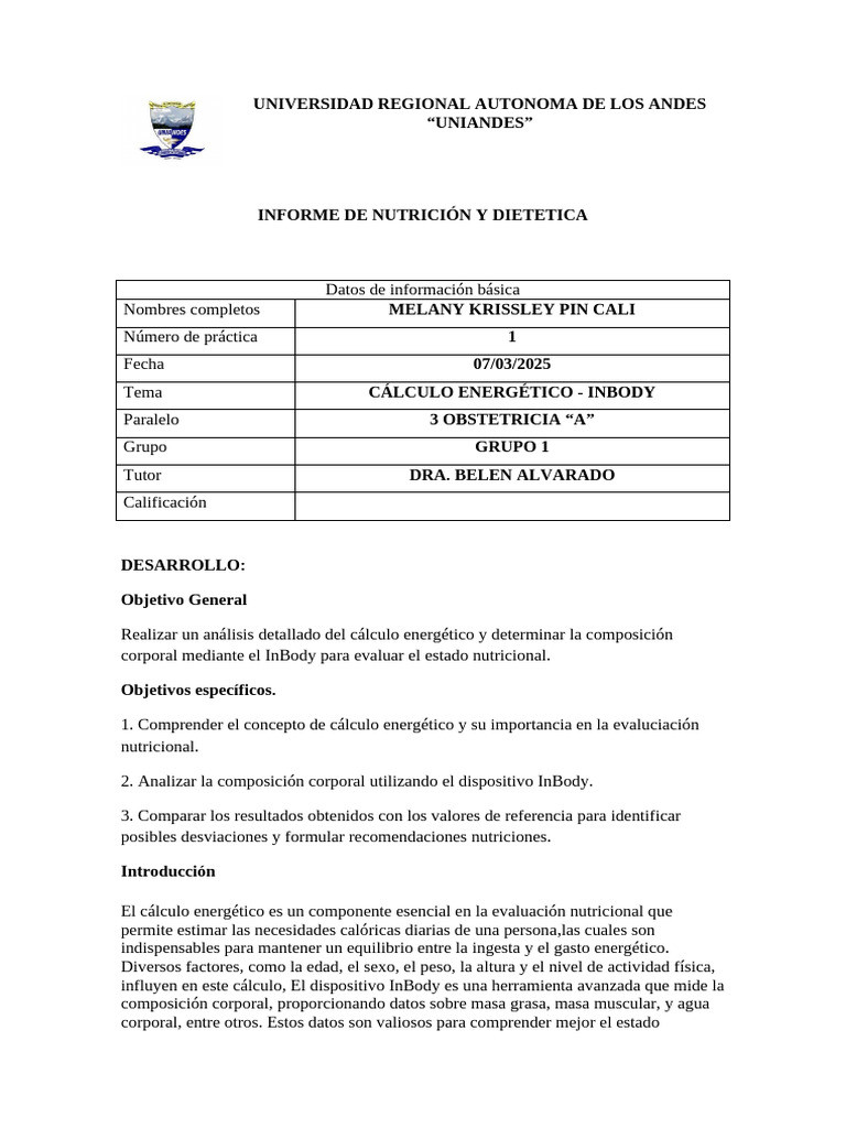Informe Calculo Energetico-Inbody | PDF | Nutrición | Dieta y nutrición