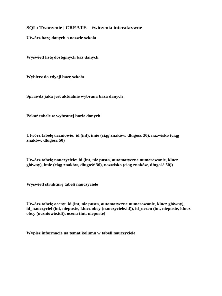 SQL: Tworzenie - CREATE - Ćwiczenia Interaktywne | PDF