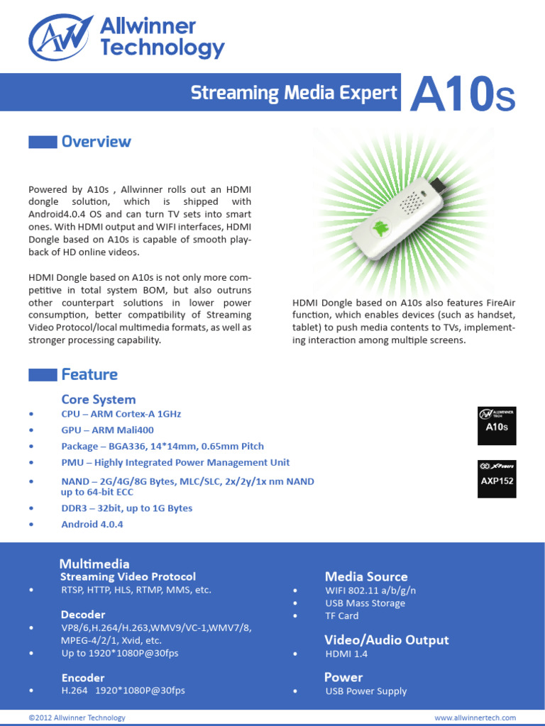 A10s HDMI Dongle Brief-2012.10.10 | PDF | Hdmi | Computing
