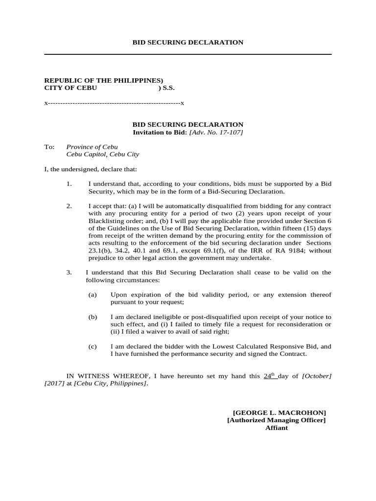 BID SECURING DECLARATION FORM New | PDF | Affidavit | Common Law