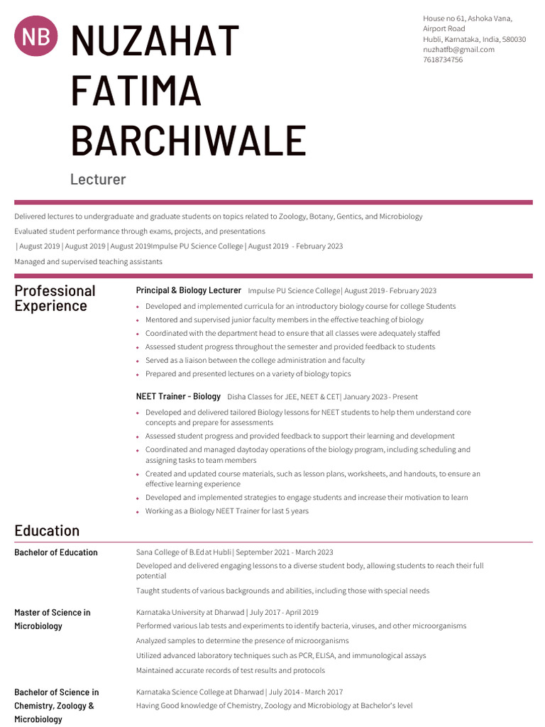 Nuzahat Fatima Resume 2023 | PDF | Learning