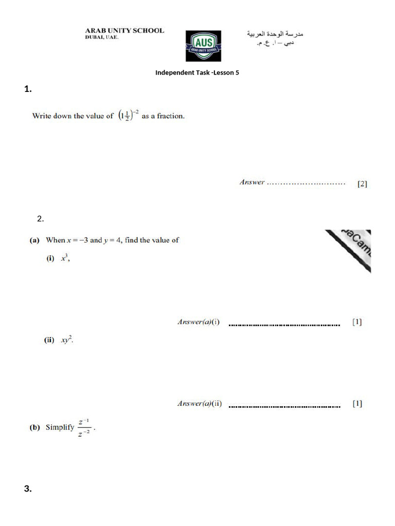 Yr. 9 Indices Lesson 5-Independent Task | PDF