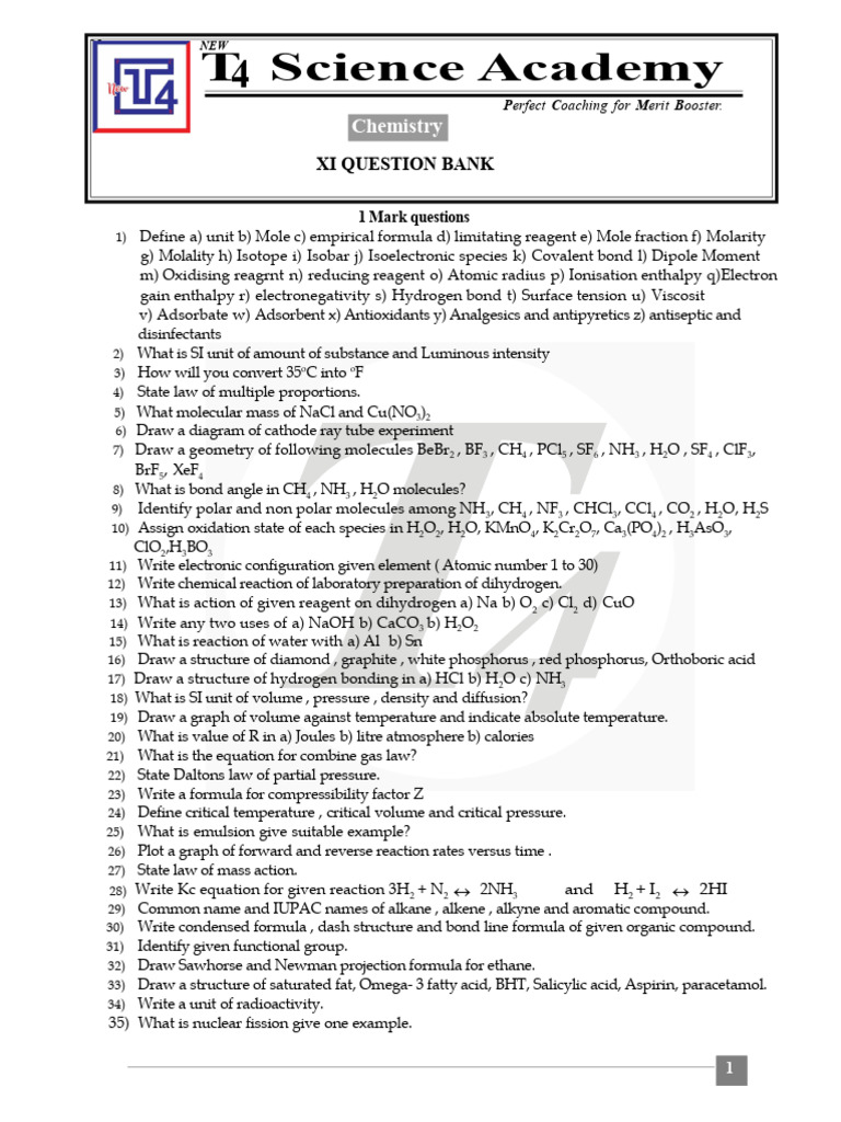 Chemistry Question Bank for XI Students | PDF | Chemical Polarity ...