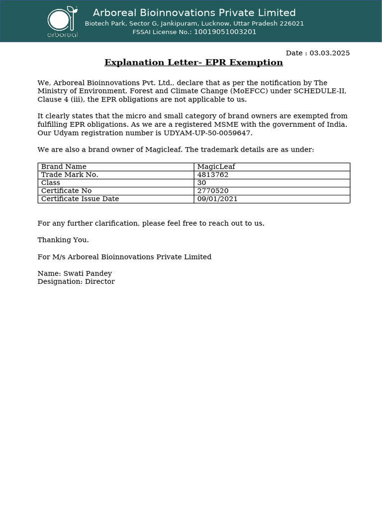 EPR Exemption - Explanation Letter PDF | PDF