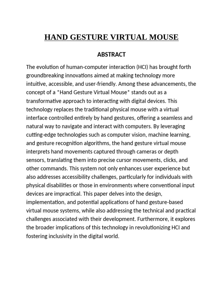 HAND GESTURE VIRTUAL MOUSE - Report | PDF | Virtual Reality | Human ...