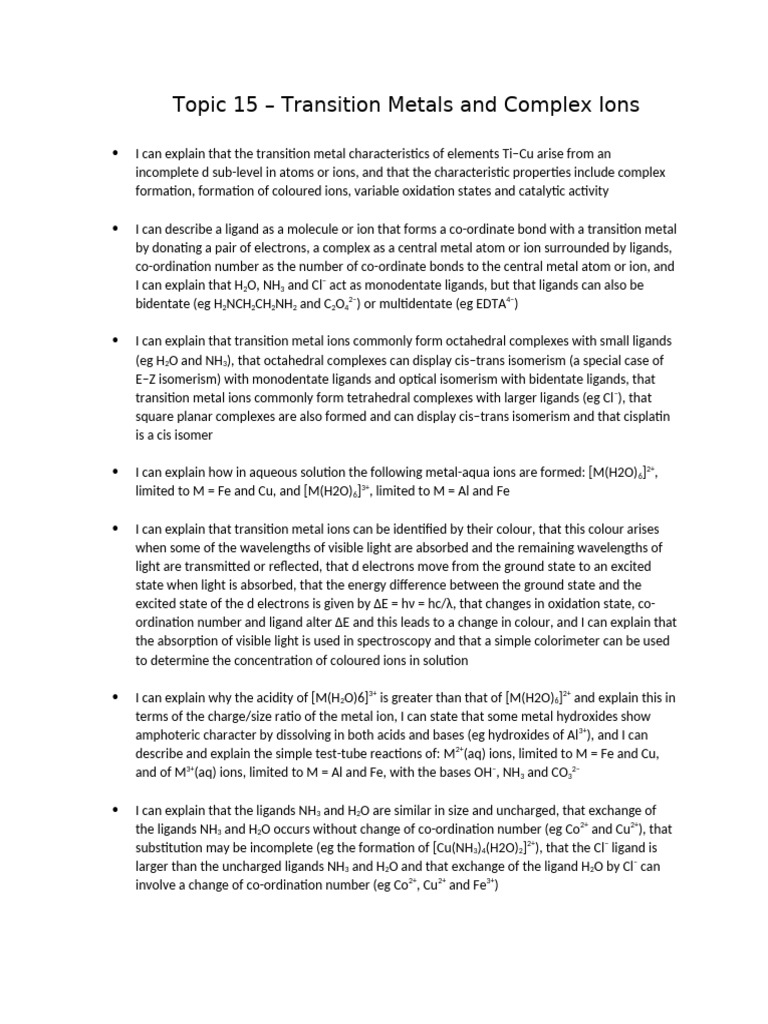 Topic 15 - Transition Metals and Complex Ions | PDF | Coordination ...