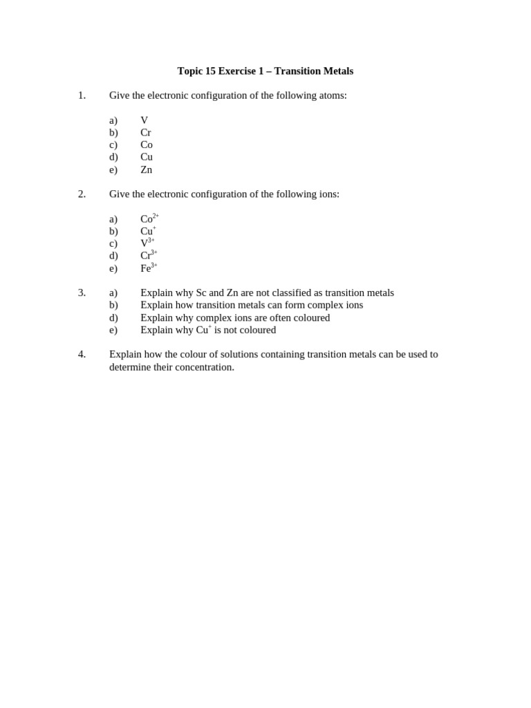 Topic 15 Exercise 1 - Transition Metals | PDF