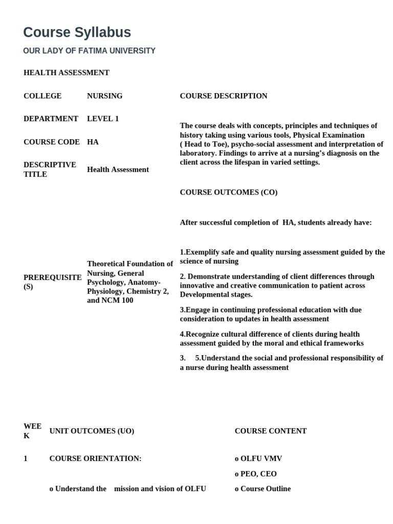 Health Assessment Course Syllabus | PDF | Physical Examination | Nursing
