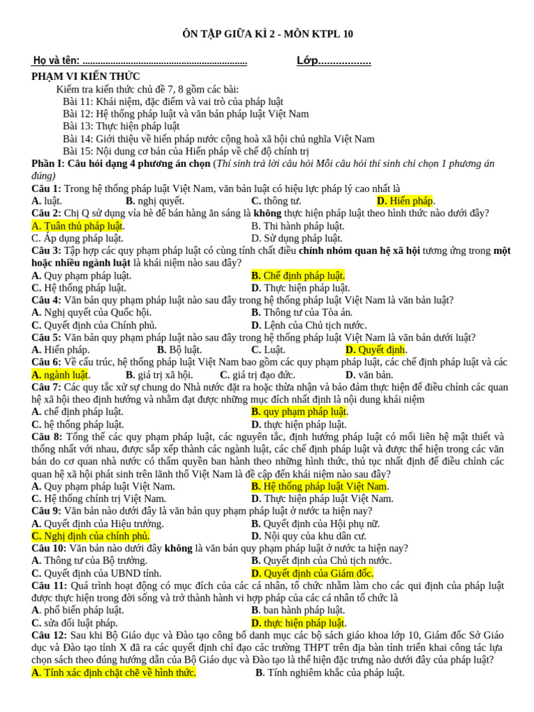 ÔN TẬP GK2 - K10 (HS) | PDF