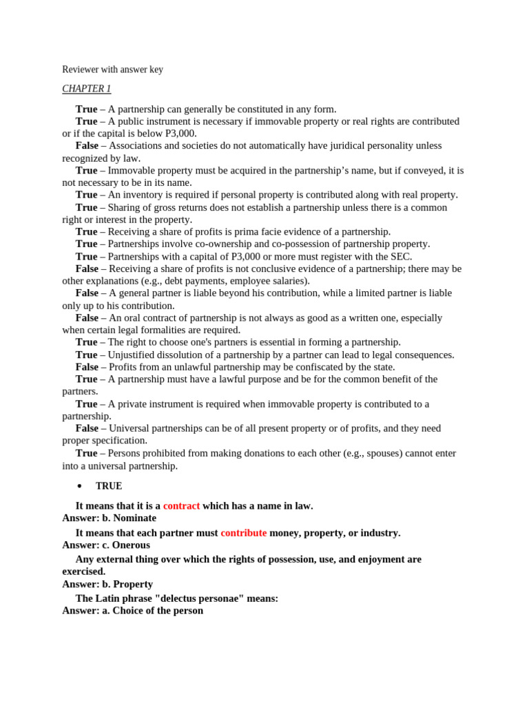 Partnership Law True/False Review Guide | PDF | Partnership | Limited ...