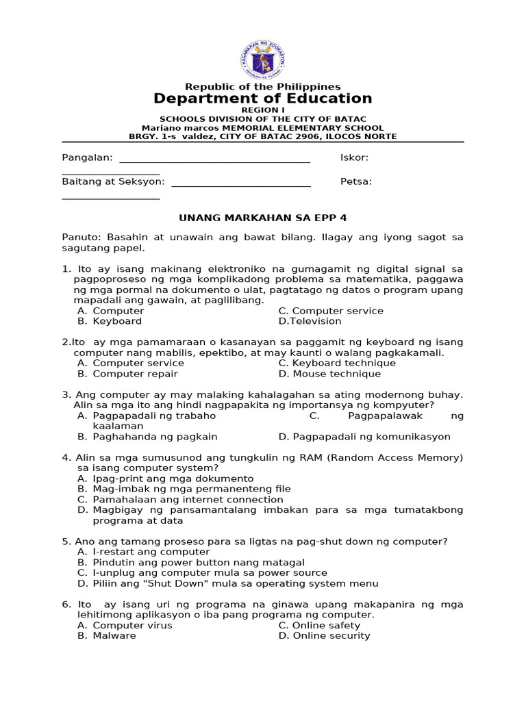 1ST Quarter Exam - Epp | PDF