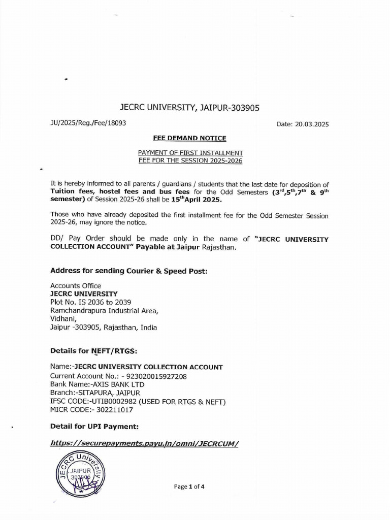 Fee Demand Notice First Instalment 2025-26 | PDF