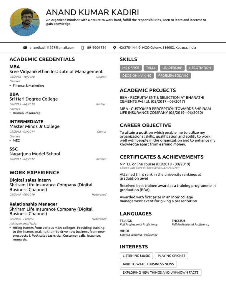 Anand's Resume | PDF | Cognition | Business