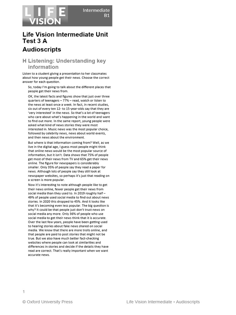 Lif Visi Int Unit 3a Audio Script | PDF | News