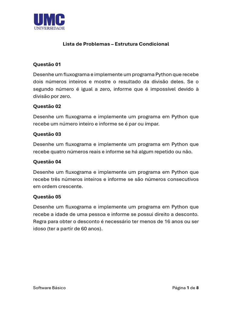 02e_Lista de Problemas - Estrutura Condicional | PDF | Programas ...