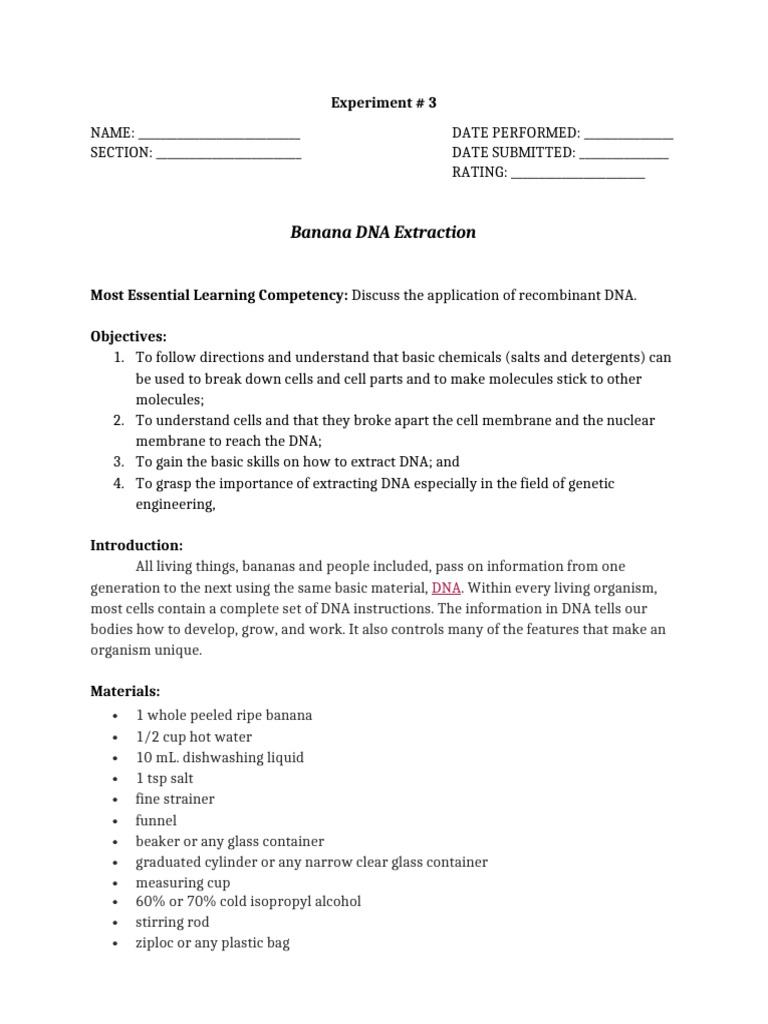 Banana DNA Extraction Experiment Guide | PDF | Cell (Biology) | Dna