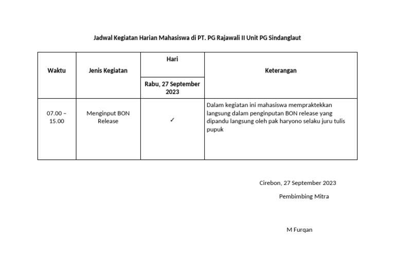 Laporan Harian Kegiatan PPL Di PT. PG Rajawali II Unit Sindang Laut (Selasa, 26-09-23) | PDF