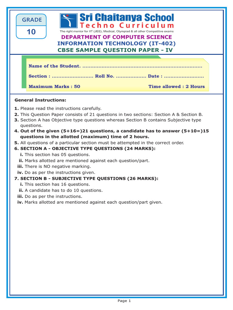Grade 10-IT-Practice Sample Paper 4 | PDF | Databases | Worksheet