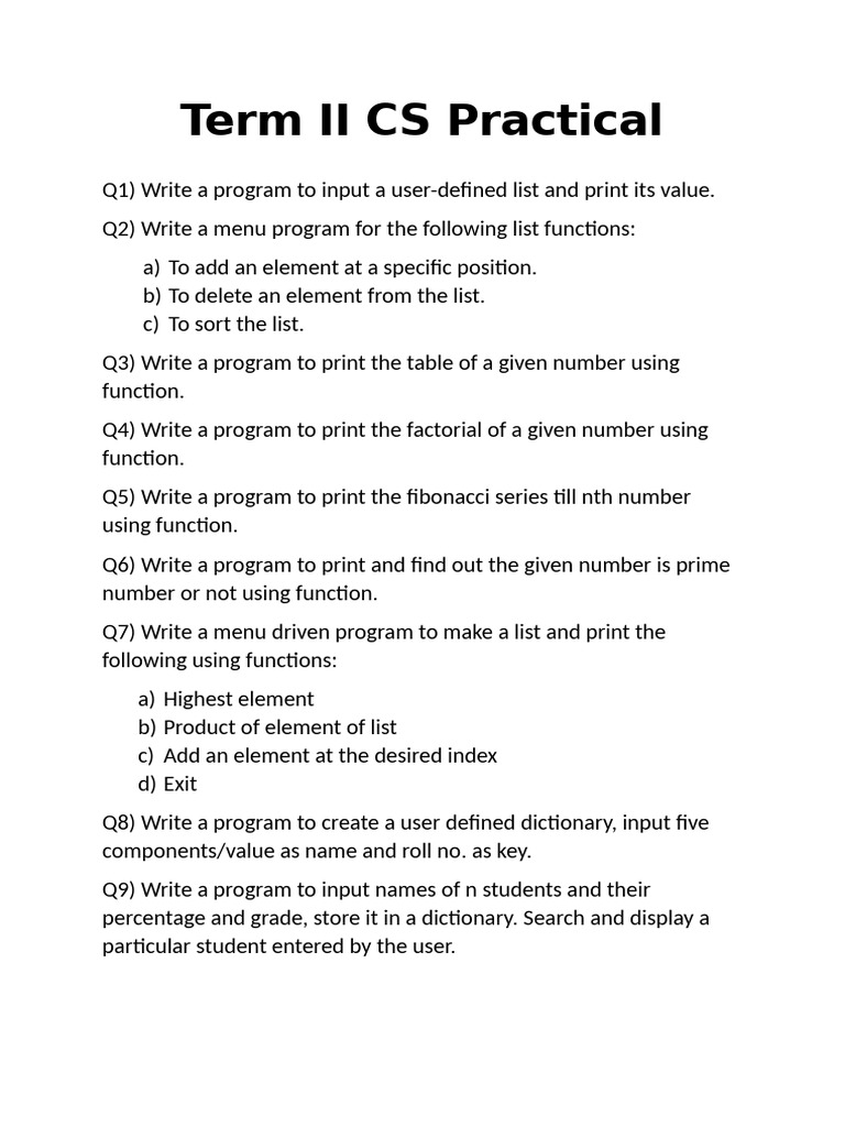 Term 2 CS Practical Questions e | PDF | Computer Programming